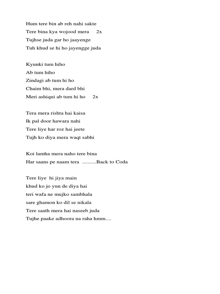 Hum Tere Bin Ab Reh Nahi Sakte Lyrics | PDF