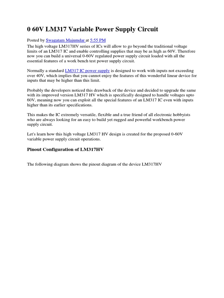 0 60V LM317 Variable Power Supply Circuit | PDF | Rectifier | Power Supply