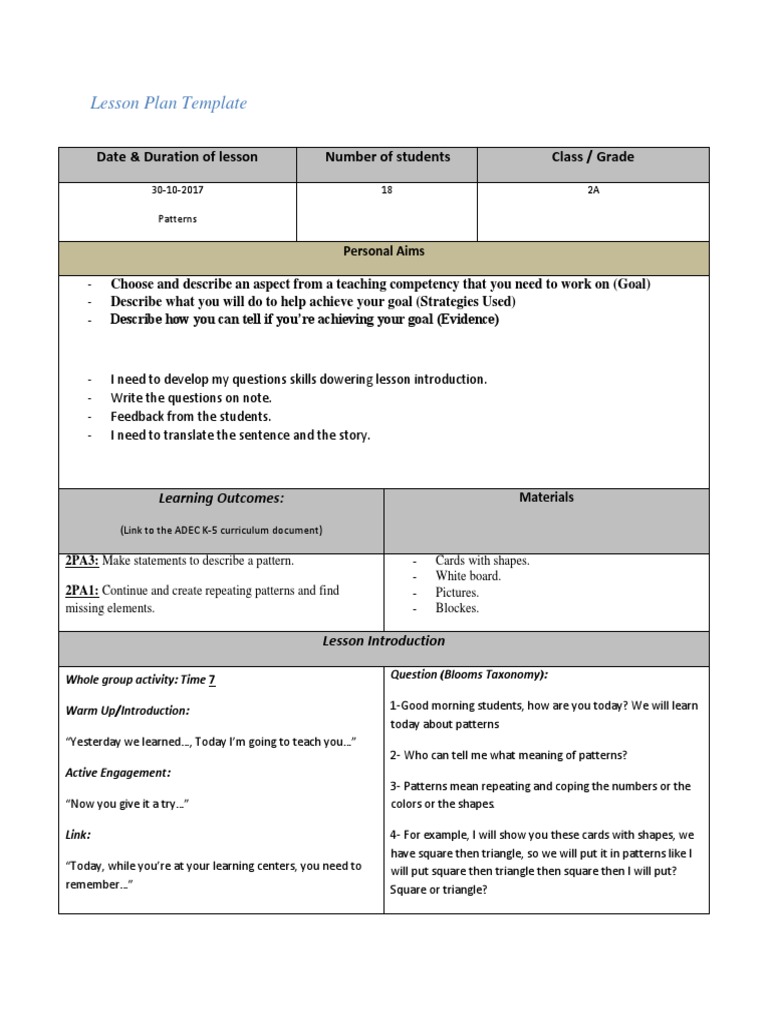 Lesson Plan Template: Date & Duration of Lesson Number of Students ...