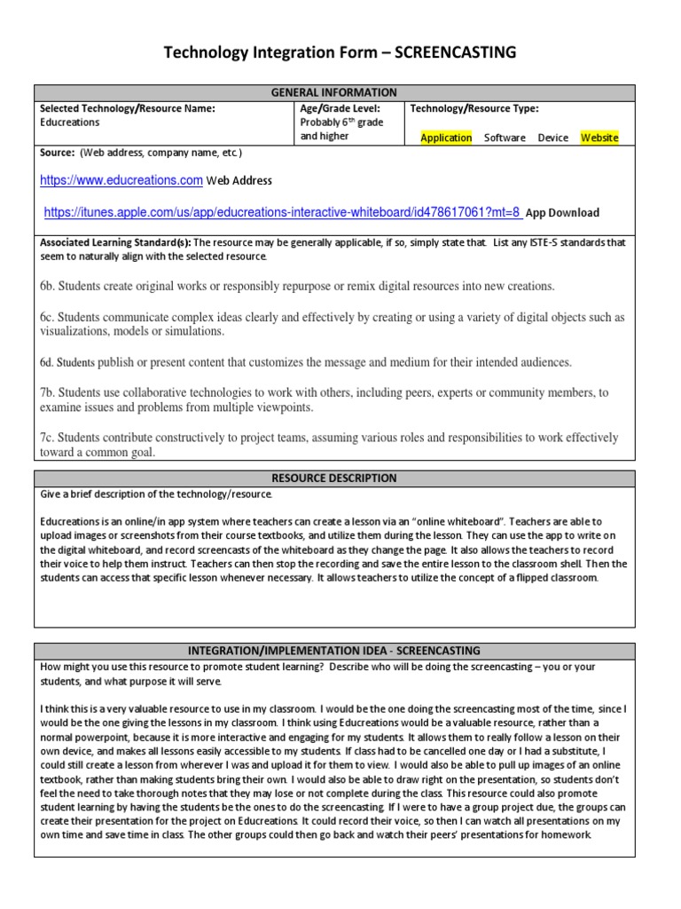 Technology Integration Form - SCREENCASTING: General Information | PDF | Cognition | Teaching