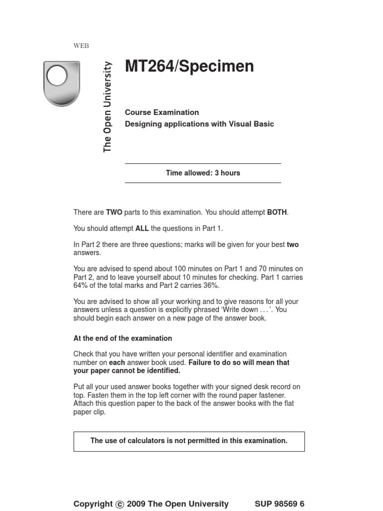 MT264/Specimen: Course Examination Designing Applications With Visual Basic | PDF | Boolean Data ...