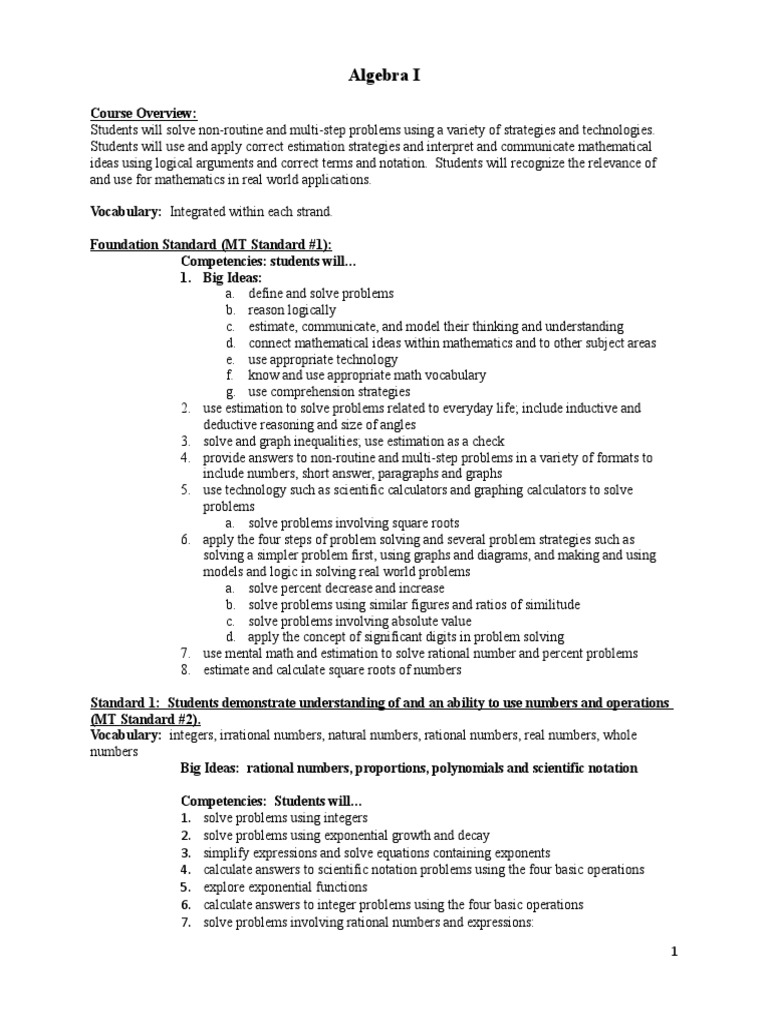 Algebra I Course Overview & Skills | PDF | Exponentiation | Equations