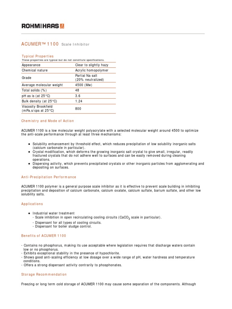Acumer 1100 Data Sheet | PDF | Solubility | Salt (Chemistry)