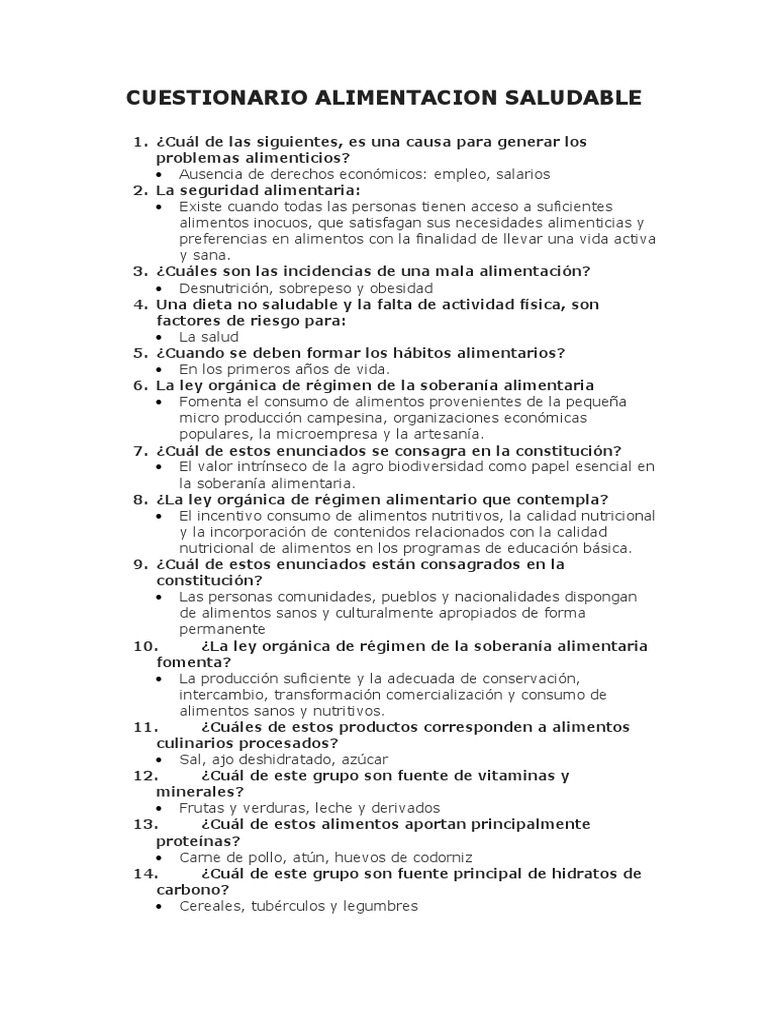 Cuestionario Alimentacion Saludable | PDF | Leche | Alimentos