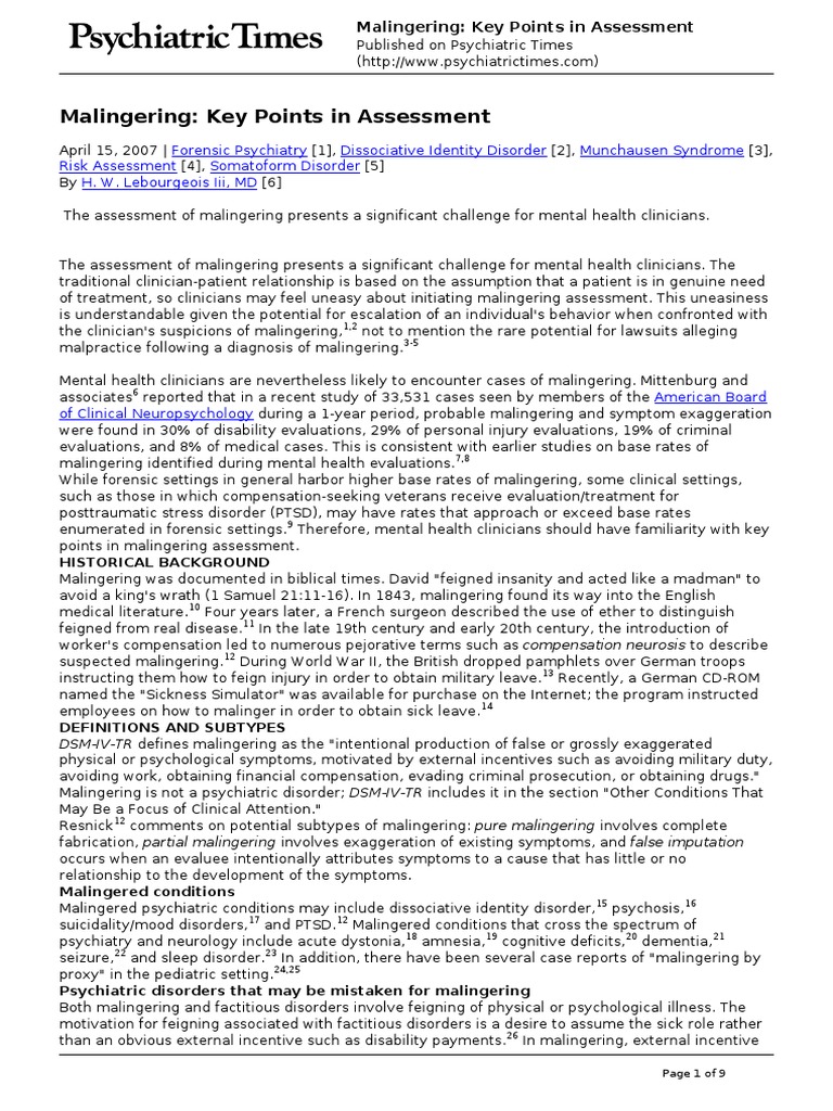 Malingering Assessment Essentials | PDF | Psychosis | Psychological ...