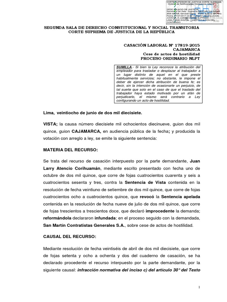 Casacion Laboral 17819 2015 Cajamarca Traslado Constituye Hostilidad Si ... Casacion Laboral 17819 2015 Cajamarca Traslado Constituye Hostilidad Si ...