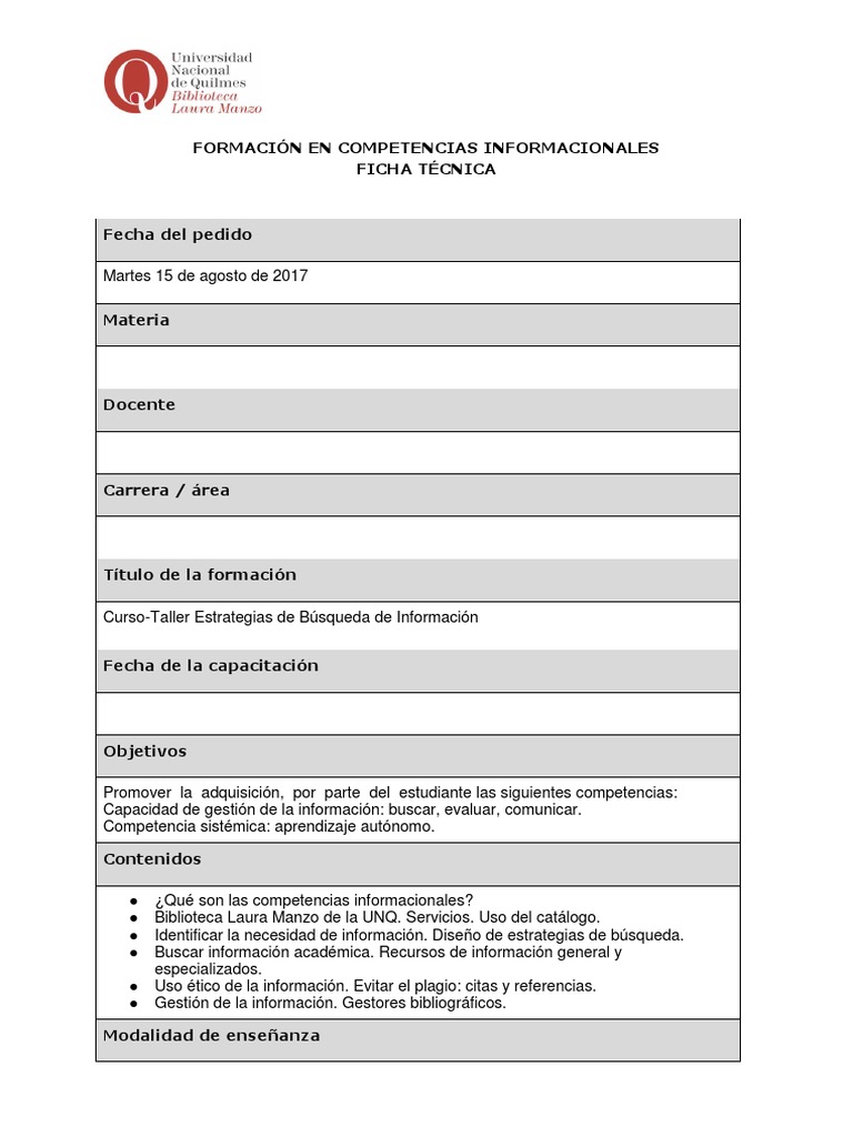 Modelo de Ficha Técnica para Cursos ALFIN | PDF