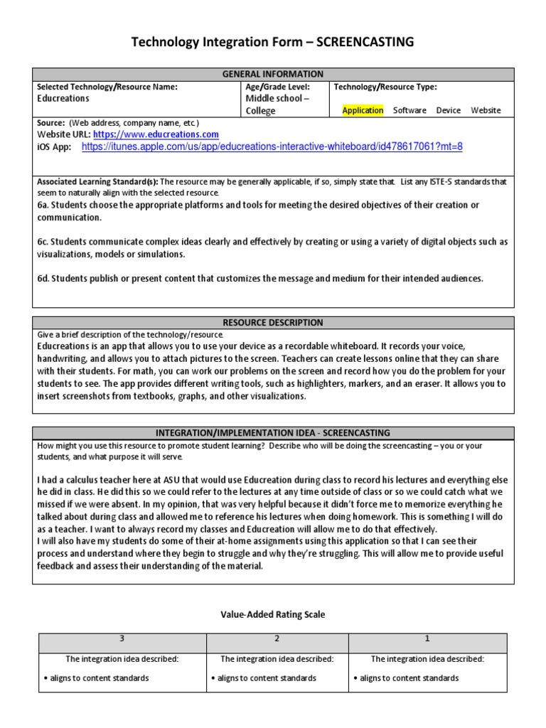 Technology Integration Template-Screencasting | PDF | Cognition | Communication