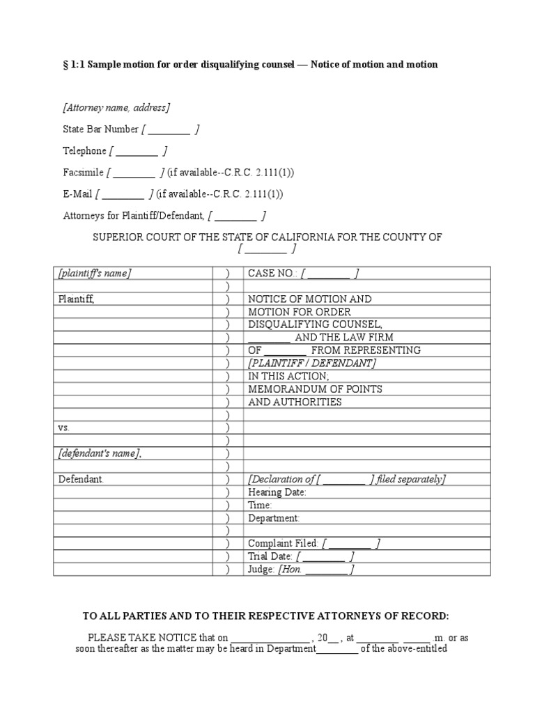 Motion to Disqualify Counsel Template | PDF | Separation Of Powers ...