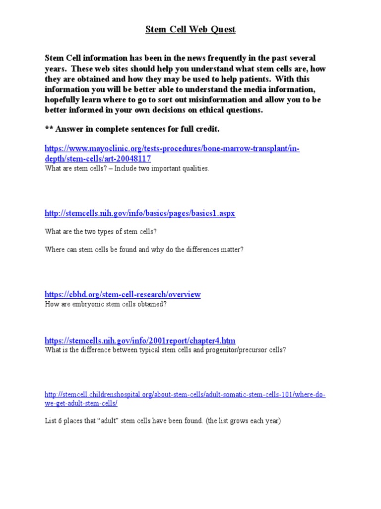 Stemcell Webquest 11 9 17 | PDF | Stem Cell | Diseases And Disorders