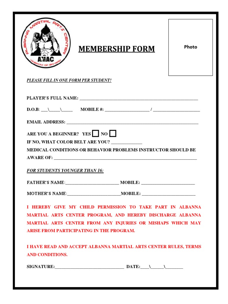 Martial Arts Membership Form | PDF
