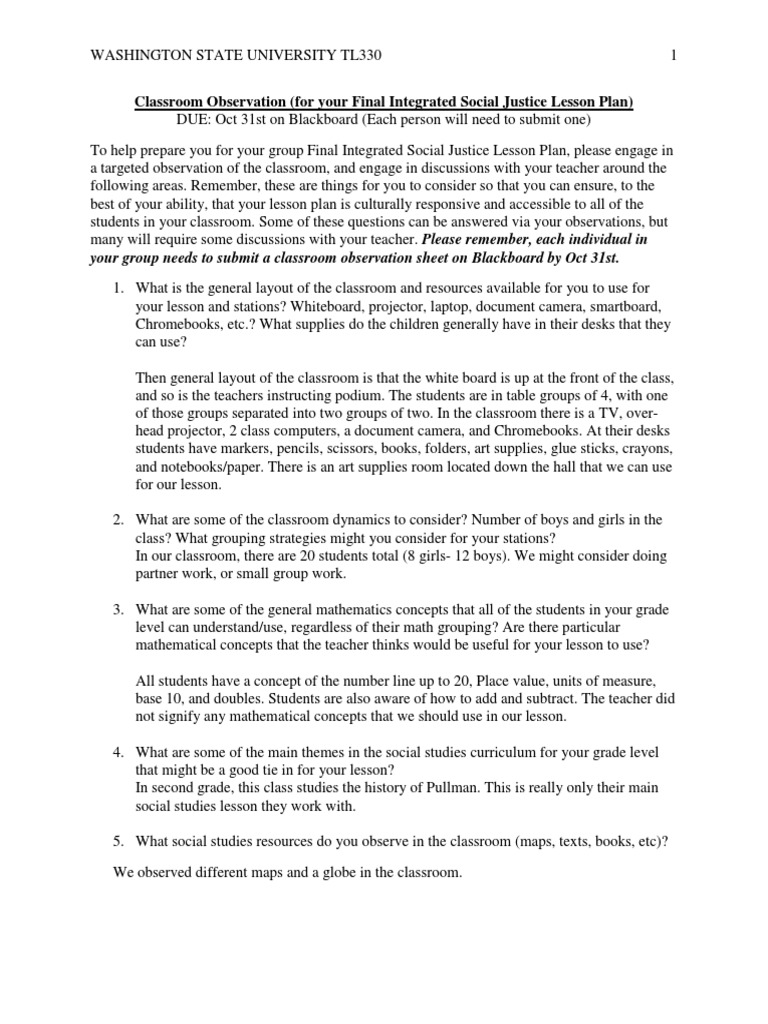 Classroom Observation-2 | PDF | Special Education | Classroom