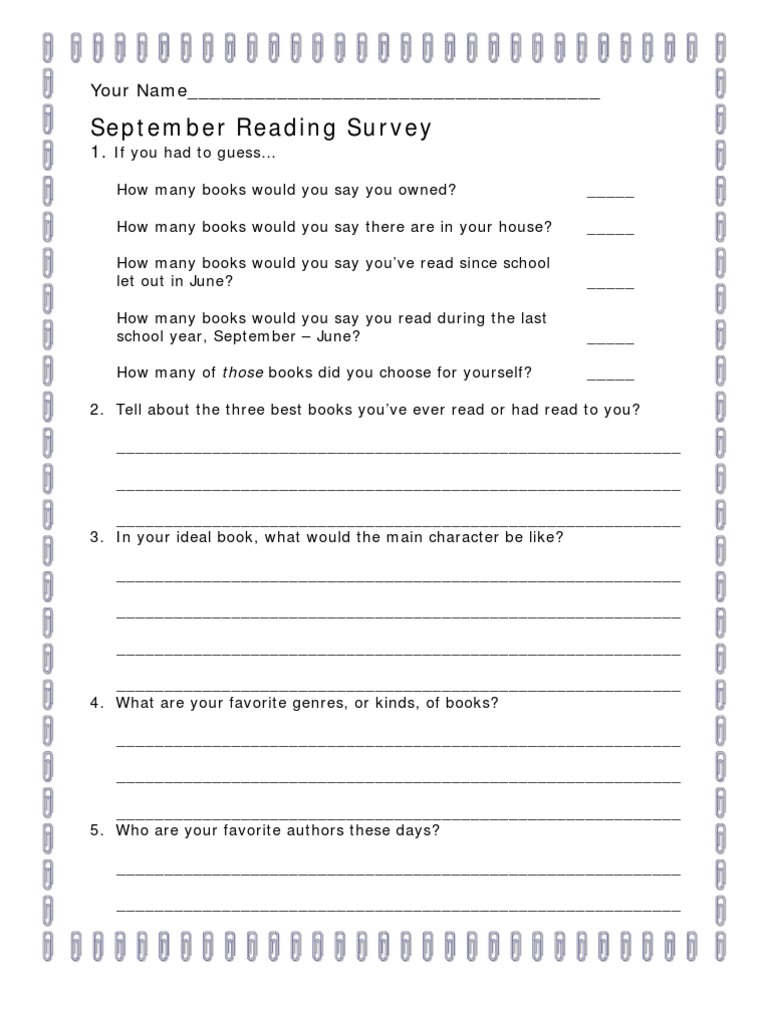 September Reading Survey: Your Name - 1 | PDF | Novels | Reading ...