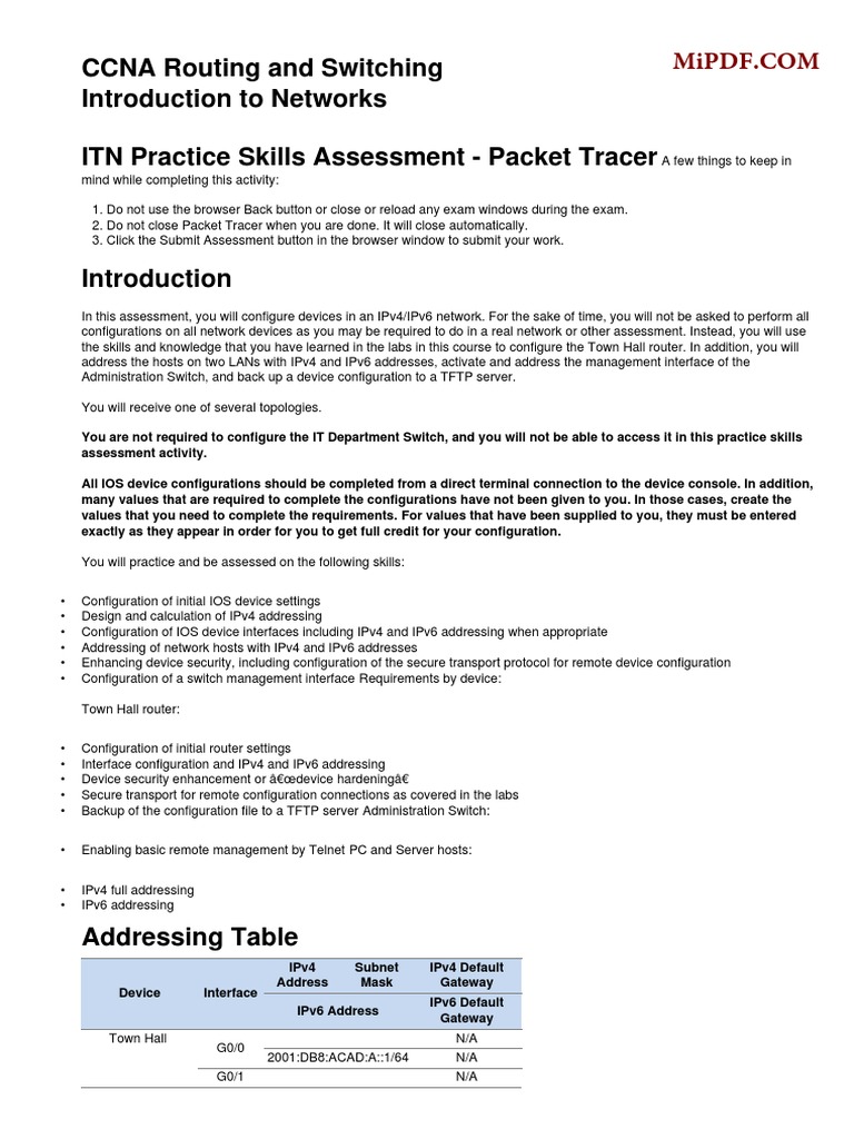 ITN Practice Skills Assessment - Packet Tracer PDF | PDF | I Pv6 | Router (Computing)