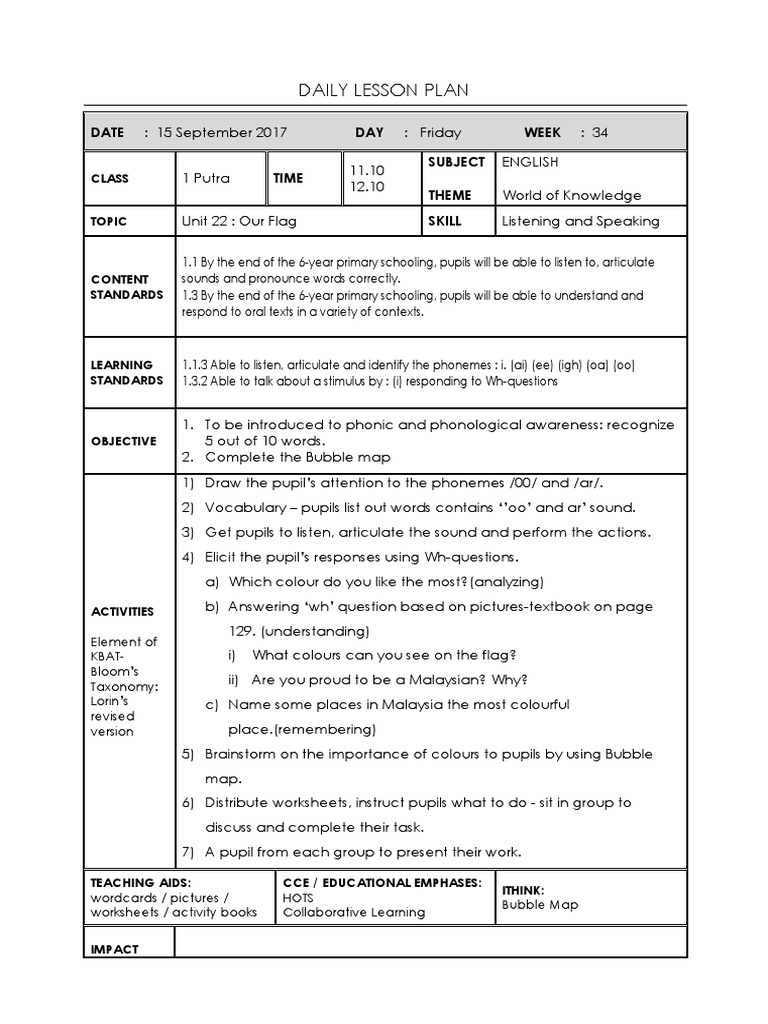 Hots English Year 1 Lesson Plan | PDF | Question | Lesson Plan
