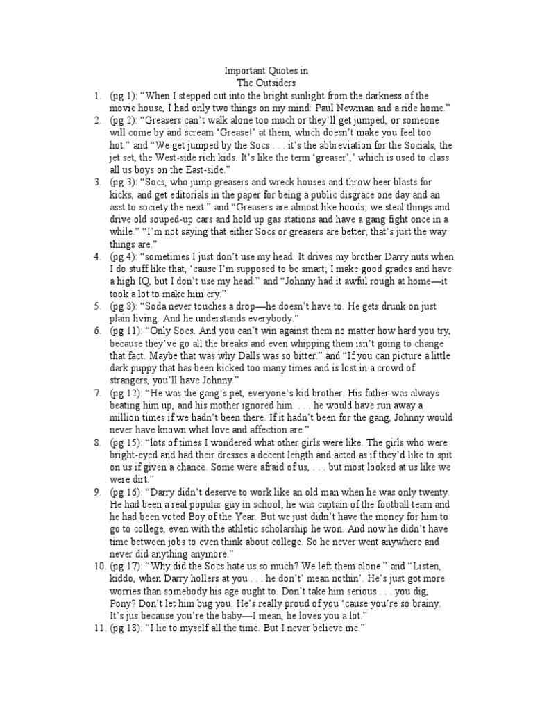 Important Quotes in The Outsiders | PDF | Leisure
