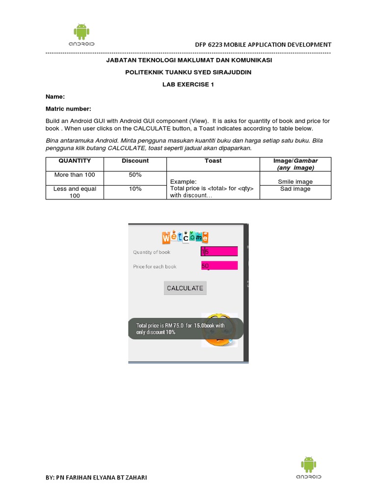 Mobile Application Lab Exercise 1: Building an Android GUI to Calculate Book Prices Based on ...