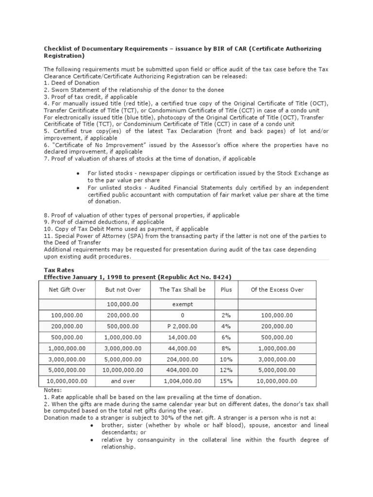 Checklist of Documentary Requirements - Issuance by BIR of CAR | PDF ...