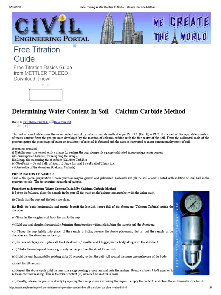 Determining Water Content in Soil - Calcium Carbide Method | PDF | Soil ...