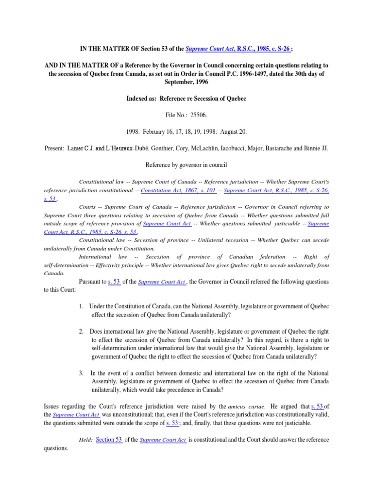 Reference Re Secession of Quebec | PDF | United States Constitution ...