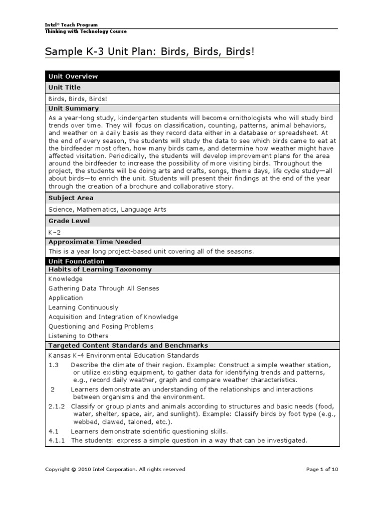 Sample K-3 Unit Plan: Birds, Birds, Birds! | PDF | Ornithology ...