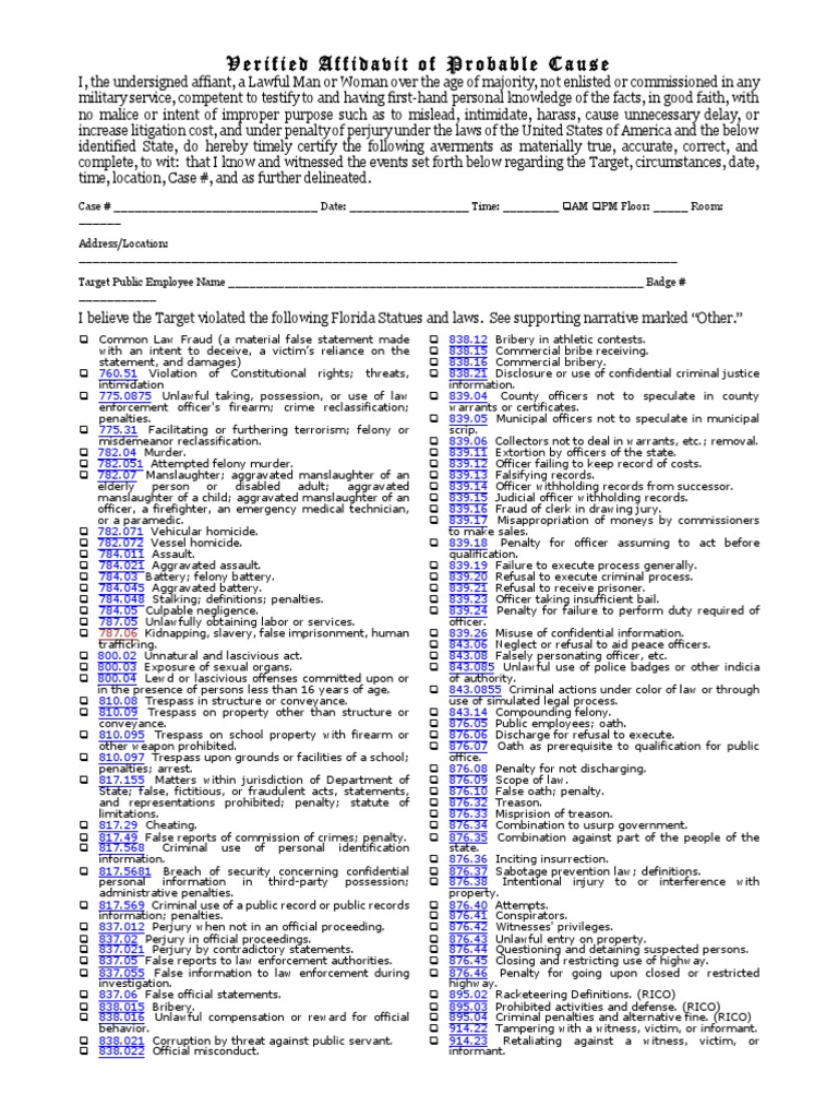 Affidavit Instant With Florida Statute Cites | PDF | Perjury | Manslaughter