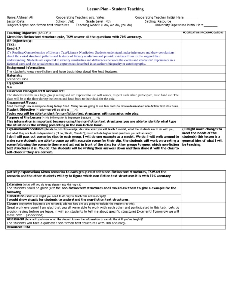 Lesson Plan - Student Teaching: Modifications/Accommodations | Download ...