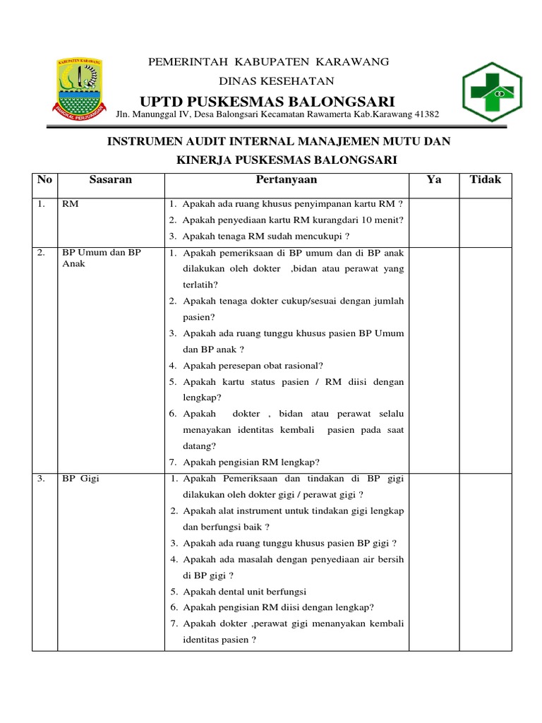 Instrumen Audit Internal Puskesmas 2024 | PDF