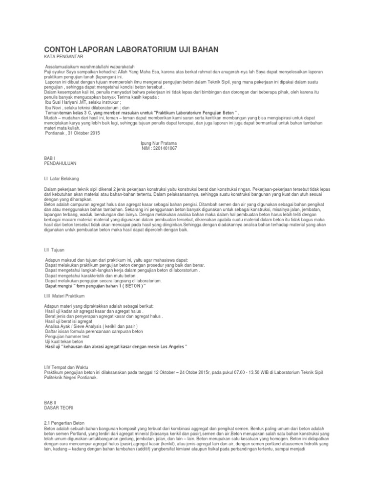 Contoh Laporan Laboratorium Uji Bahan | PDF