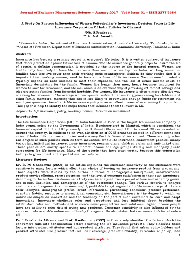 A Study On Factors Influencing of Women Policyholder's Investment ...