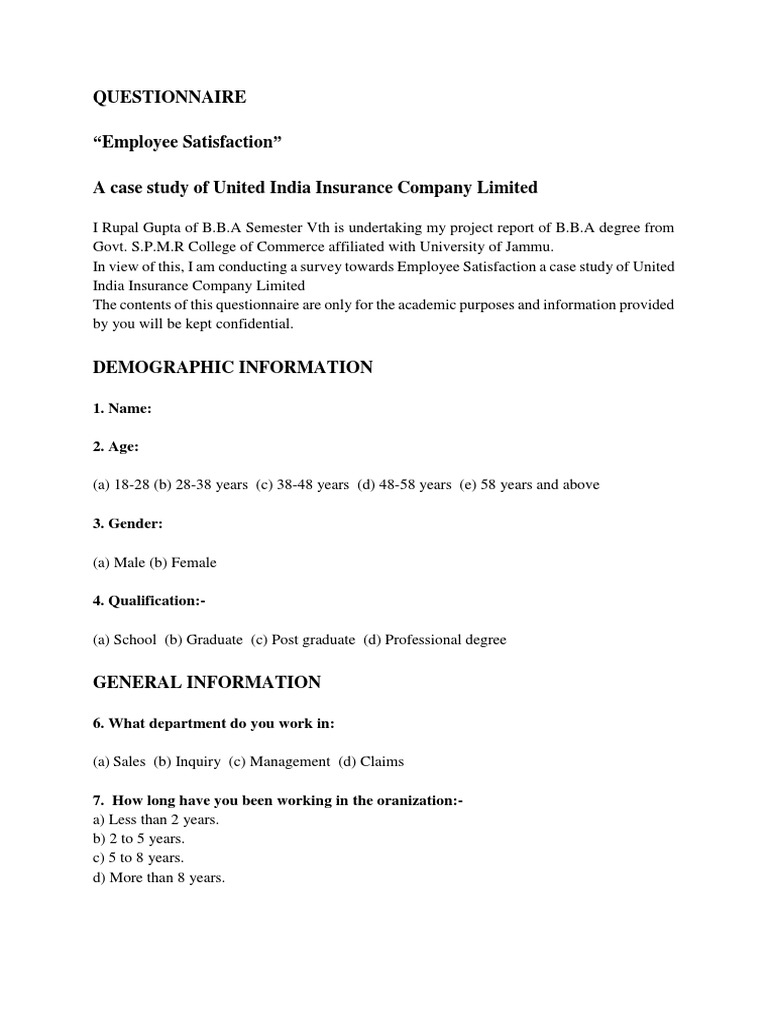 Employee Satisfaction Questionnaire | PDF | Job Satisfaction | Motivation