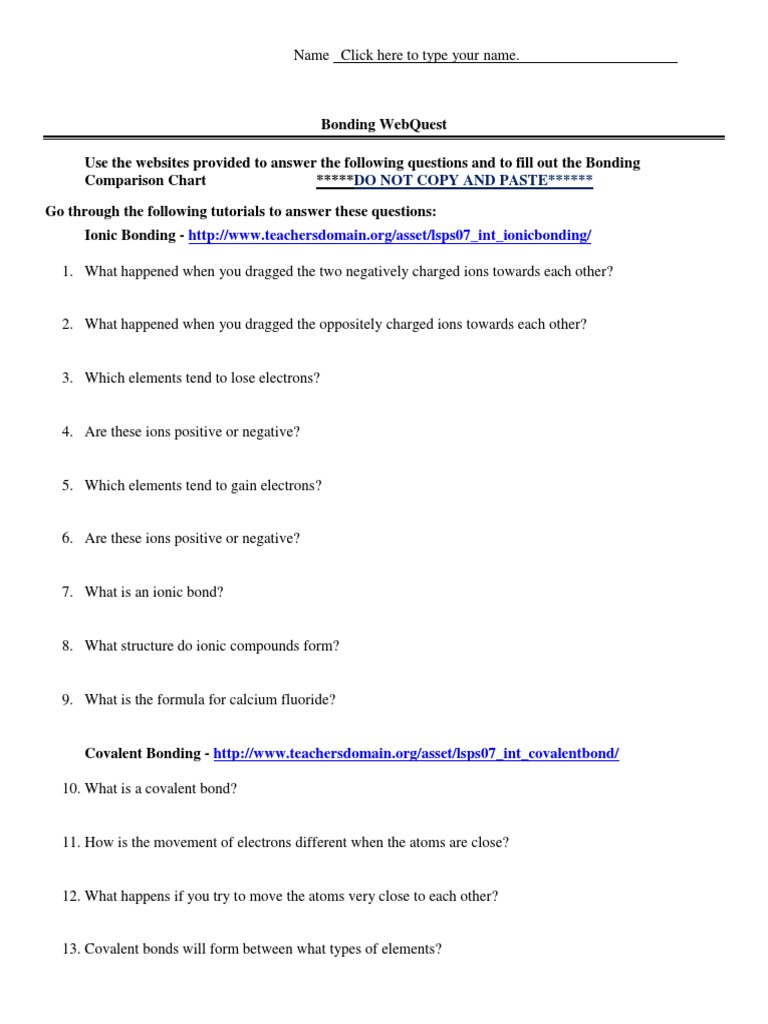 Chemical Bonding Webquest | PDF | Ionic Bonding | Chemical Bond
