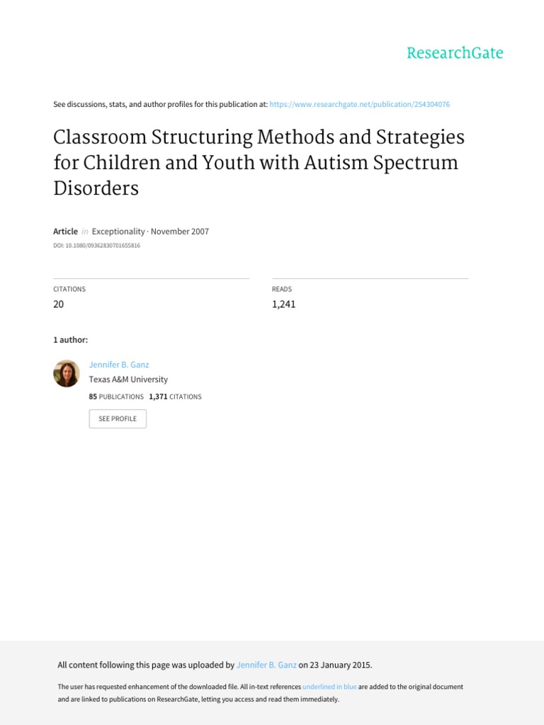 Classroom Structuring Methods and Strategies For Children and Youth With Autism Spectrum ...