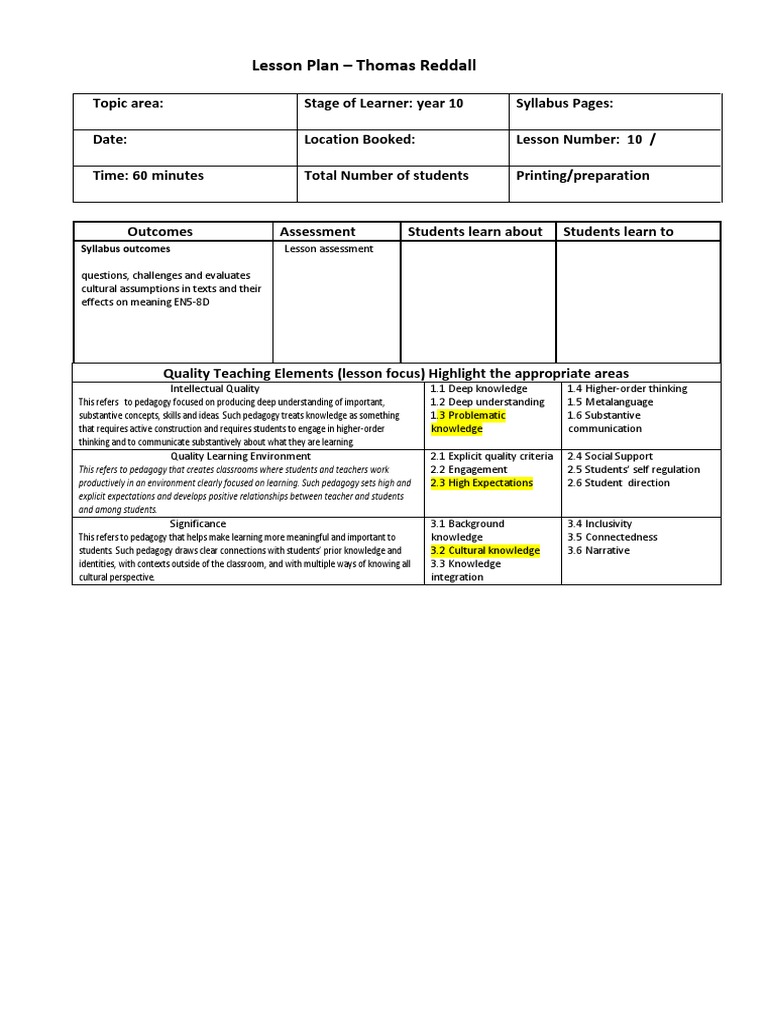 Lesson Plan - Thomas Reddall: Syllabus Outcomes | PDF | Lesson Plan ...