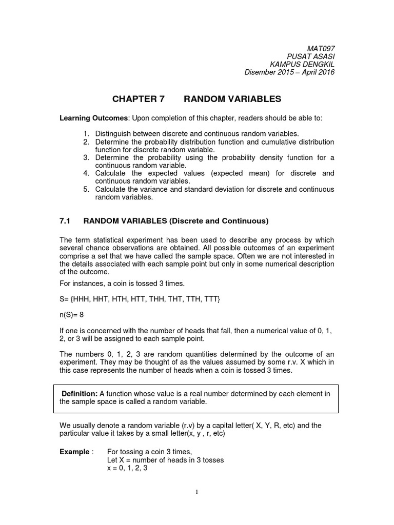 MAT097 Chapter 7 Random Variables (With Solution) | PDF | Variance ...