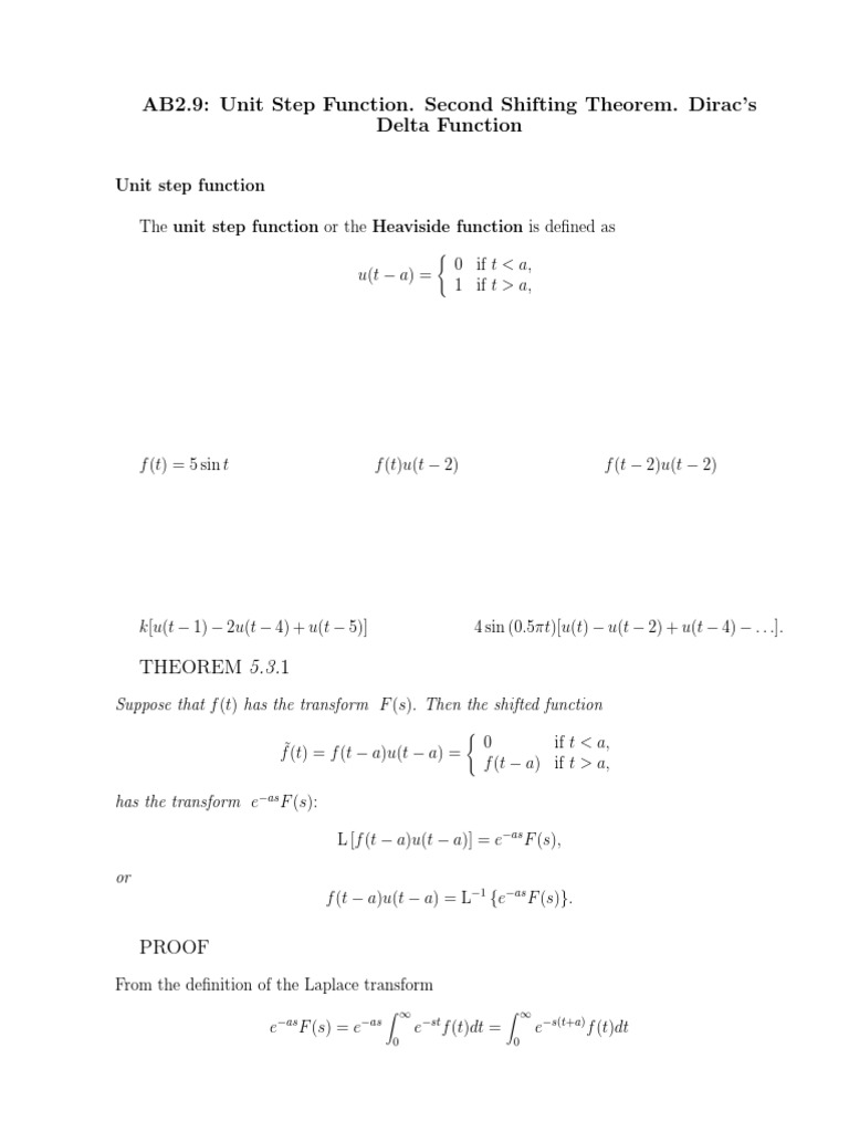 AB2.9: Unit Step Function. Second Shifting Theorem. Dirac's Delta Function | PDF | Laplace ...