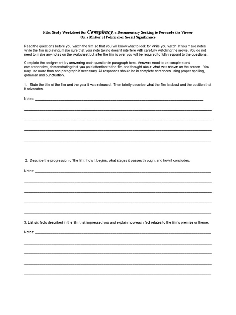 Film Study Worksheet for Cowspiracy | Water Use | Meat