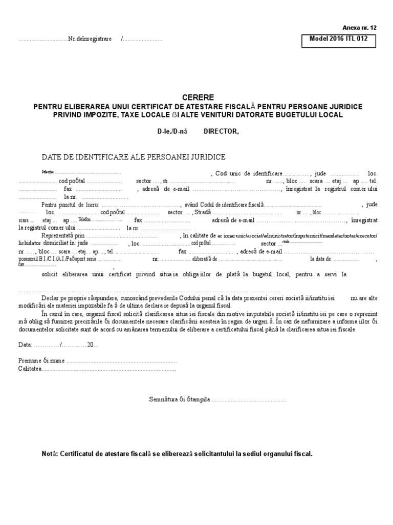 PJ - ITL - 012 Cerere Certificat de Atestare Fiscala | PDF
