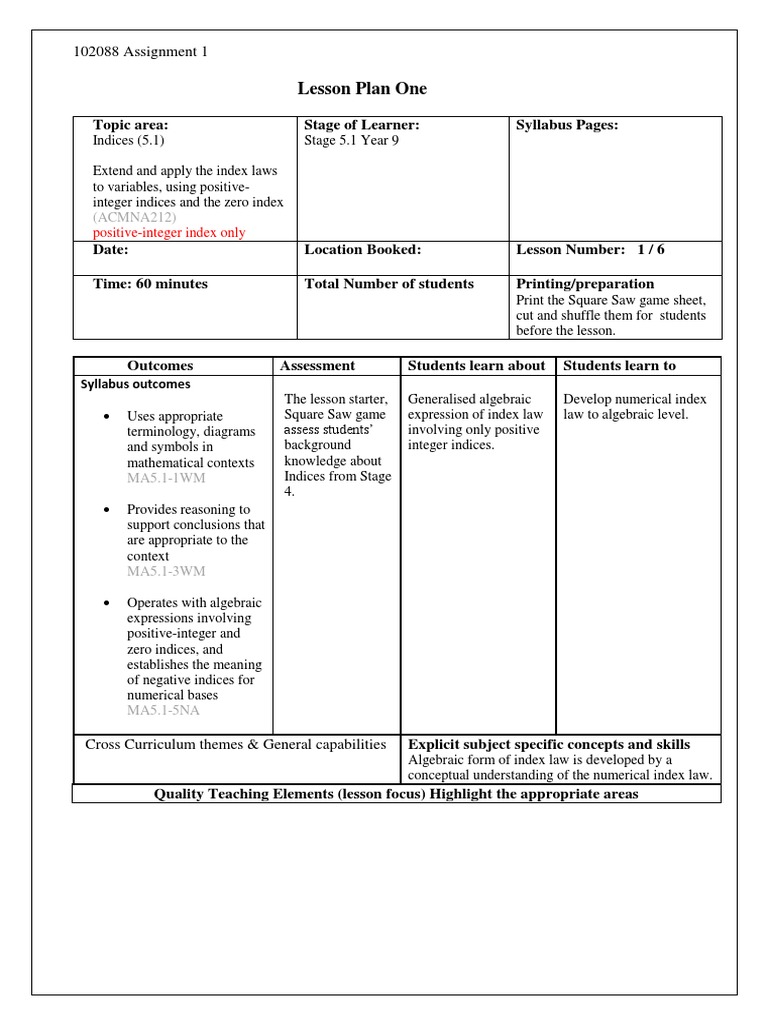 Lesson Plan One: 102088 Assignment 1 | PDF | Educational Assessment ...