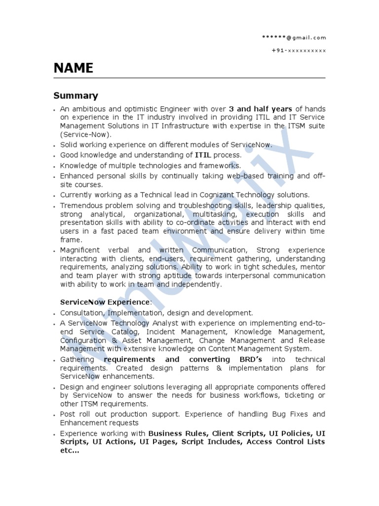 ServiceNow Sample Resume 2 | PDF | Ubs | Credit Suisse