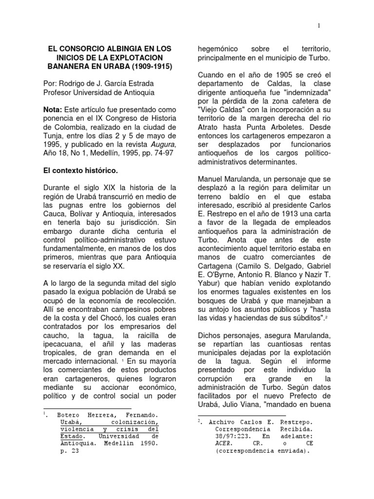 El Consorcio Albingia en Los Inicios de La Explotación Bananera en ...