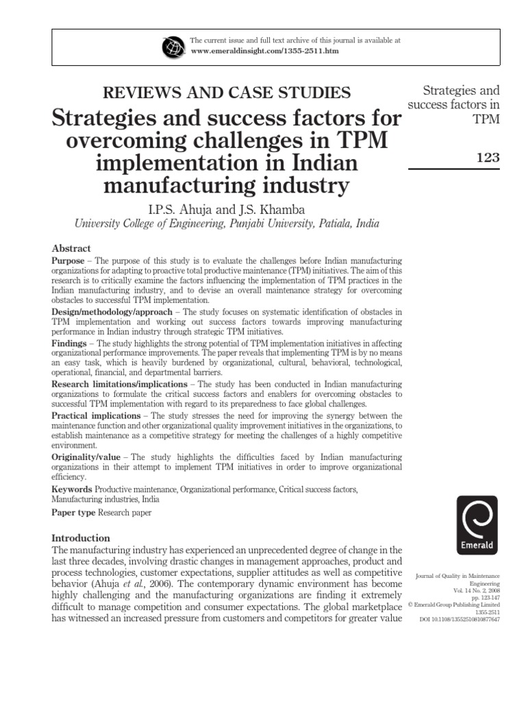Strategies and Success Factors For Overcoming Challenges in TPM Implementation PDF | PDF ...