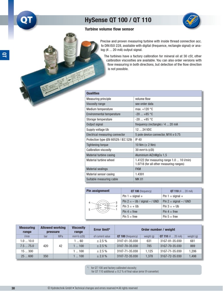 Hysense QT 100 / QT 110: Turbine Volume Ow Sensor | PDF | Calibration ...