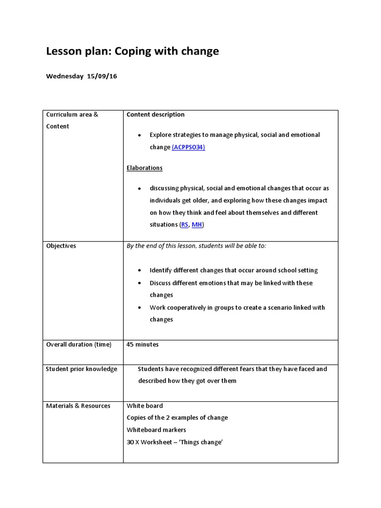 Coping with Change: KS2 Lesson Plan | PDF | Lesson Plan | Cognitive Science