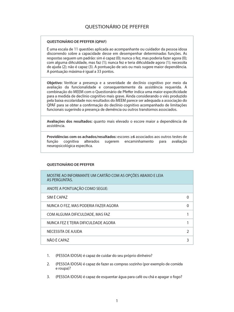Questionario de PFEFFER | Questionário | Neuropsicologia
