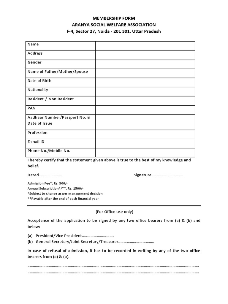 Membership Form Aranya Social Welfare Association F-4, Sector 27, Noida ...