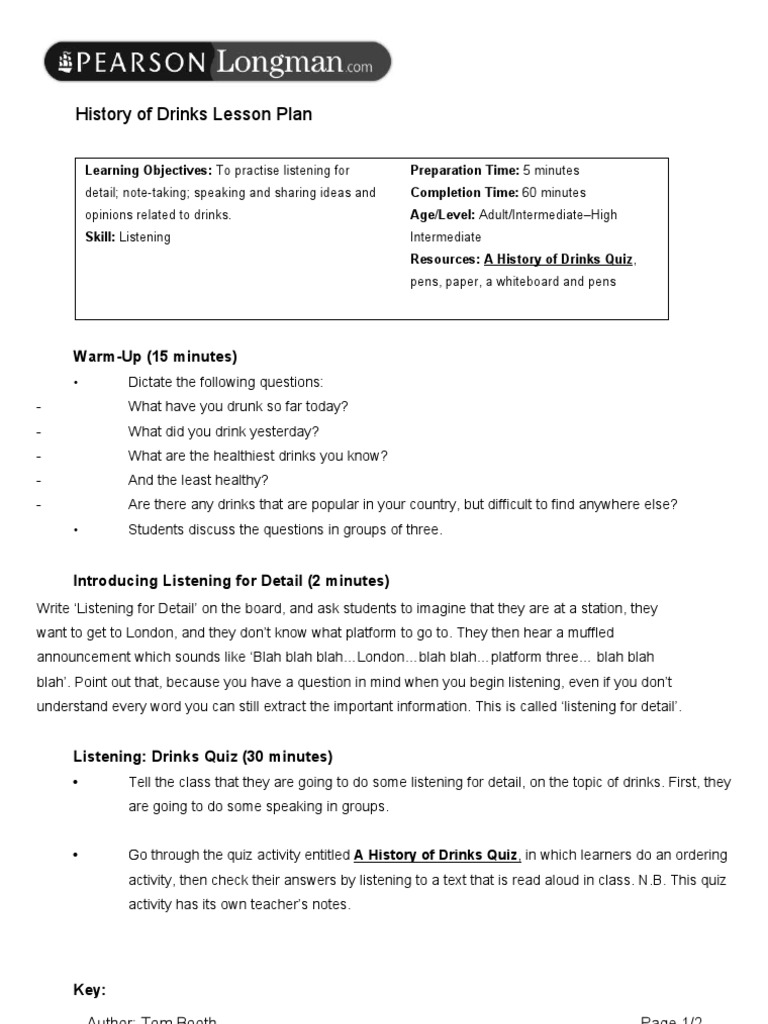 A History of Drinks Lesson Plan | PDF | Drink | Lesson Plan