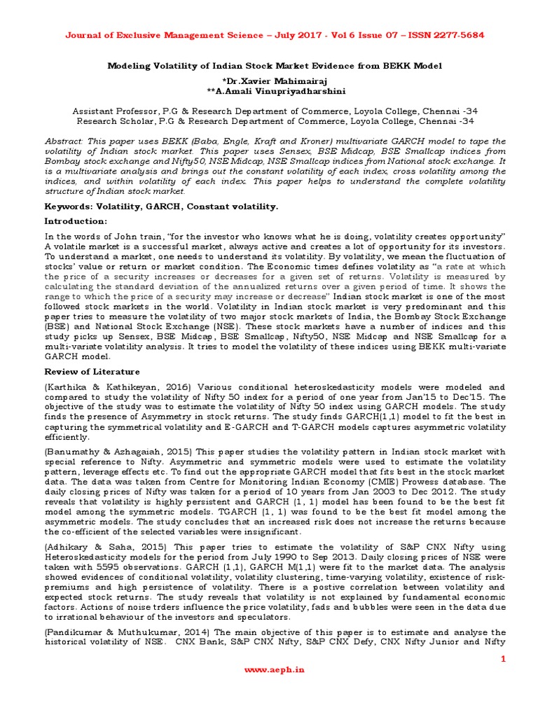 Modeling Volatility Of Indian Stock Market Evidence From Bekk Model Pdf Volatility Finance