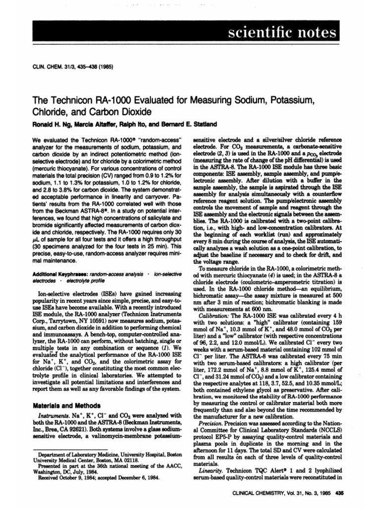 The Technicon RA-1000 Evaluated For Measuring Sodium, Potassium ...