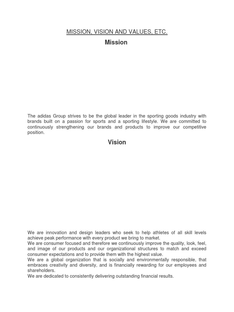 adidas Mission, Vision, and Values | PDF